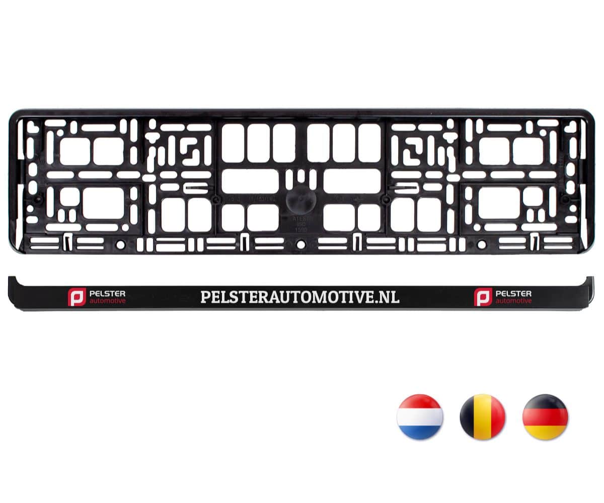 Kentekenplaathouder met eigen tekst en logo l Pelster Automotive